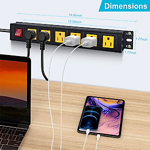 6 Outlet Metal Power Strip, Heavy Duty Wide Spaced Power Strip, Wall Mount Power Strip for Home Office Garage Workbench, 6FT Extension Cord, Yellow