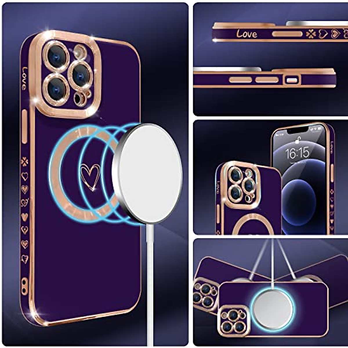 YKCZL Compatible with iPhone 13 Pro Max Case MagSafe, Luxury Plating Cute Heart Full Camera Lens Protection Magnetic Case for iPhone 13 Pro Max for Women Girls-Deep Purple