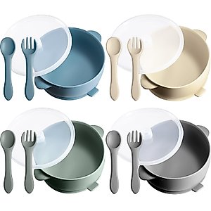 4 Set Silicone Baby Bowls with Lid Spoon and Fork Suction Bowls for Baby Self Feeding Baby Food Bowl First Stage Silicone Baby Feeding Set for Toddler Dishwasher and Microwave Safe (Elegant Colors)