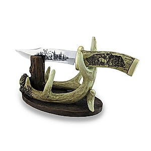 Carved Look Handle Decorative Deer Knife w/Antler Display Stand