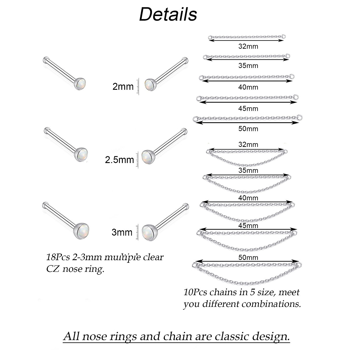 Akeoqi 28Pcs Nose Stud Nose Chain Screw Straight L Shape Nose Stud Chain Nose Stud Nostril Piercing Body Jewelry for Women Men 20G Set 2mm 2.5mm 3mm CZ Silver Tone