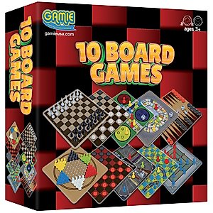 Gamie 10 Board Games Set, Classic Family Games for Kids and Adults, Includes 5 Double Sided Playing Boards with Backgammon, Chinese Checkers, Snakes and Ladders, Sorry, Draught, Racing, Chess and More