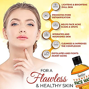 Herblov Turmeric Face Wash, 4oz Turmeric Clear Skin Liquid Soap – 100% Natural Anti Aging Exfoliating Turmeric Facial Cleanser for Spots, Clearing Acne Scars, Age Spots, Sun Damage, Discoloration – Turmeric Soap Skin Detox Made in USA