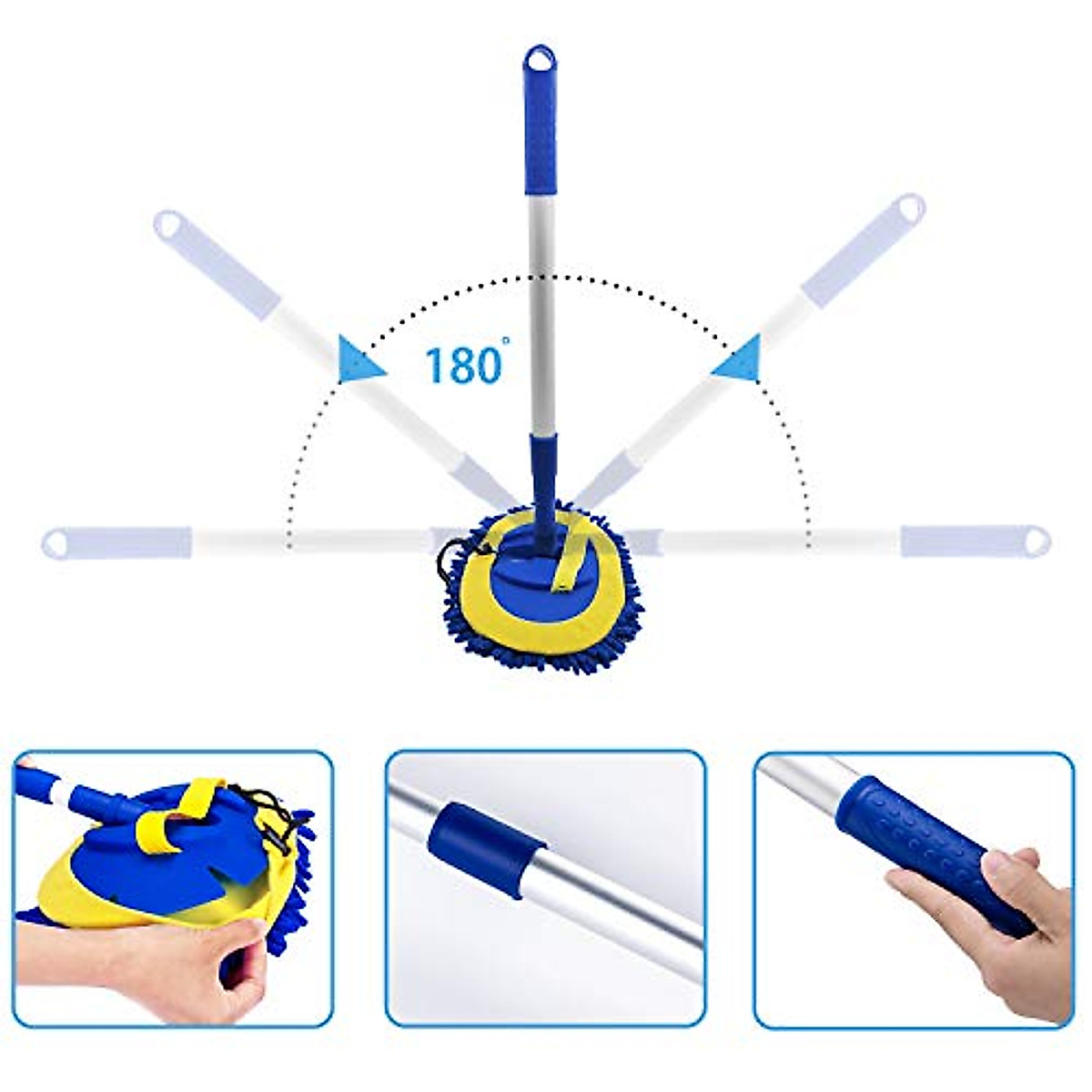 2 in 1 Microfiber Car Wash Mop Mitt with 45" Aluminum Alloy Long Handle,Chenille Car Cleaning Kit Brush Duster with Scratch Free for Washing Car/Truck/RV,2 Mop Head and 1 Towels and Air Vent Duster