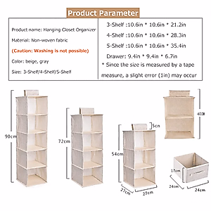 Hanging Closet Organizer with Drawer,Easy Mount Foldable 3-Shelf Closet Hanging Storage Shelves for Clothes Handbag Shoes Accessories Storage,Space Saver,Gray