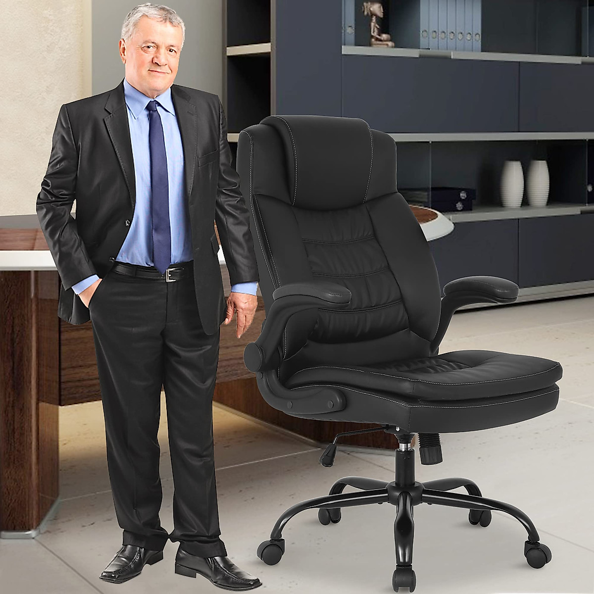 Ergonomic PU Leather Home Office Chair High Back Flip up Armrest Desk Computer Chair Adjustable Height Rolling Swivel Task Chair Modern Executive 250LBS Work Chair w/Lumbar Support for Adults(Black)