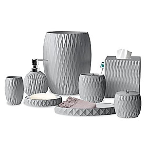 Grey Resin Bath Accessory Set for Vanity Countertops, 8pc Luxury Ensemble-Cotton Swab, Dish, Toothbrush Holder,Tumbler,soap Pump, Waste Basket, Tissue Box, Tray, Grey Resin
