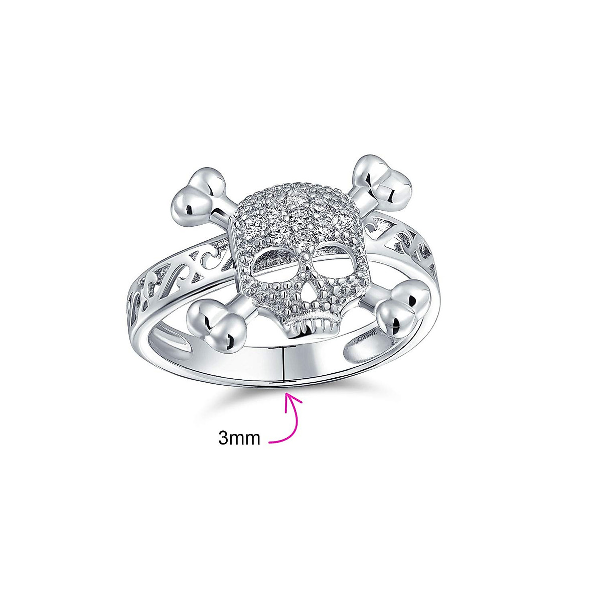 Bling Jewelry Skull Crossbones Ring 925 Sterling Silver Filigree Band,Clear,5