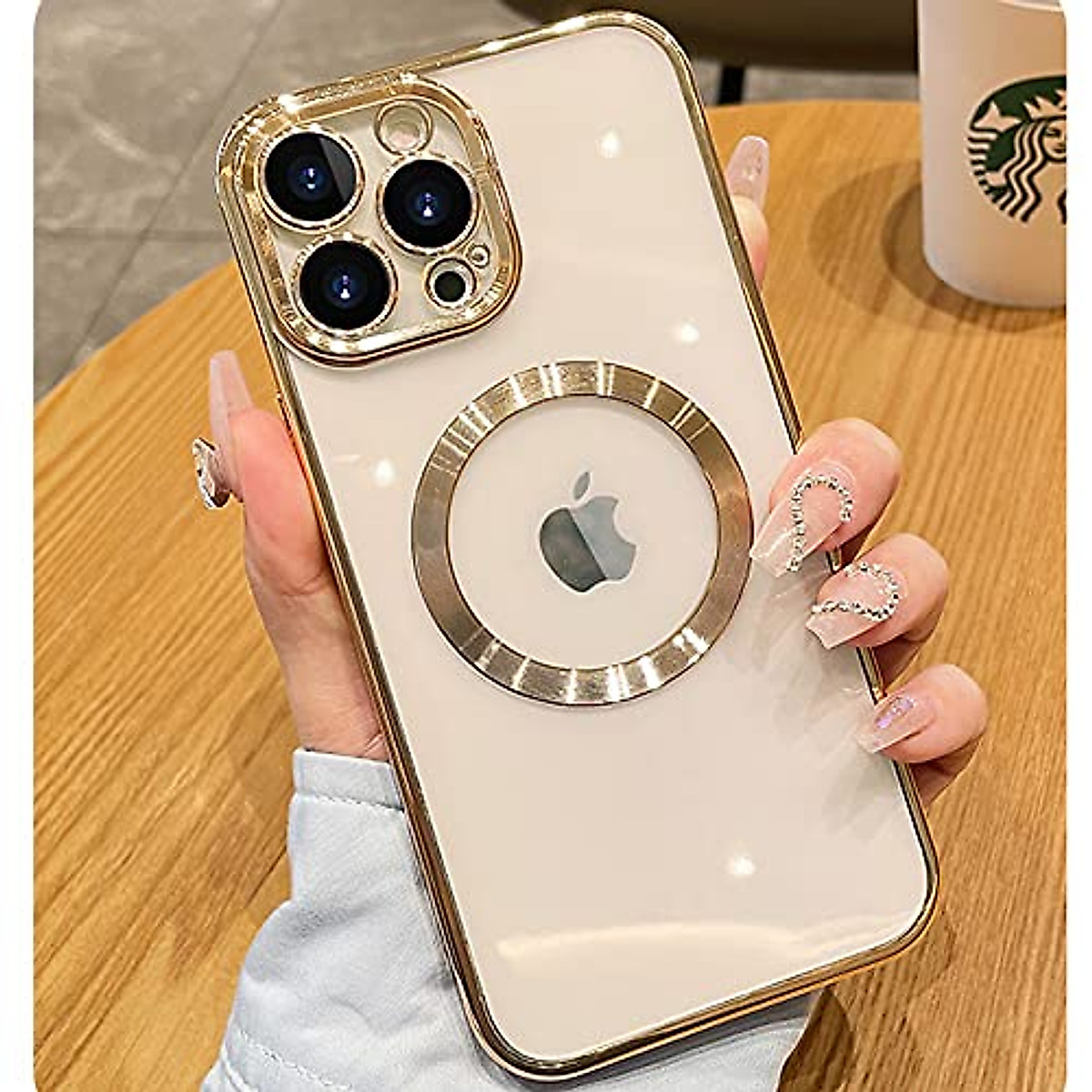 Spevert Magnetic Clear Case for iPhone 14 Pro with Camera Lens Protector Full Protection Case Compatible with MagSafe Elegant Anti-Scratch Case Cover 6.1 Inch - Gold (Gold)
