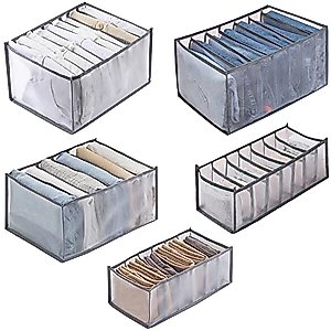 5PCS Washable Wardrobe Clothes Organizer Foldable Closet Organizer Portable Storage Baskets Visible Grid Storage Box for T-shirt,Legging,Skirts,Jeans (Mix, Gray)