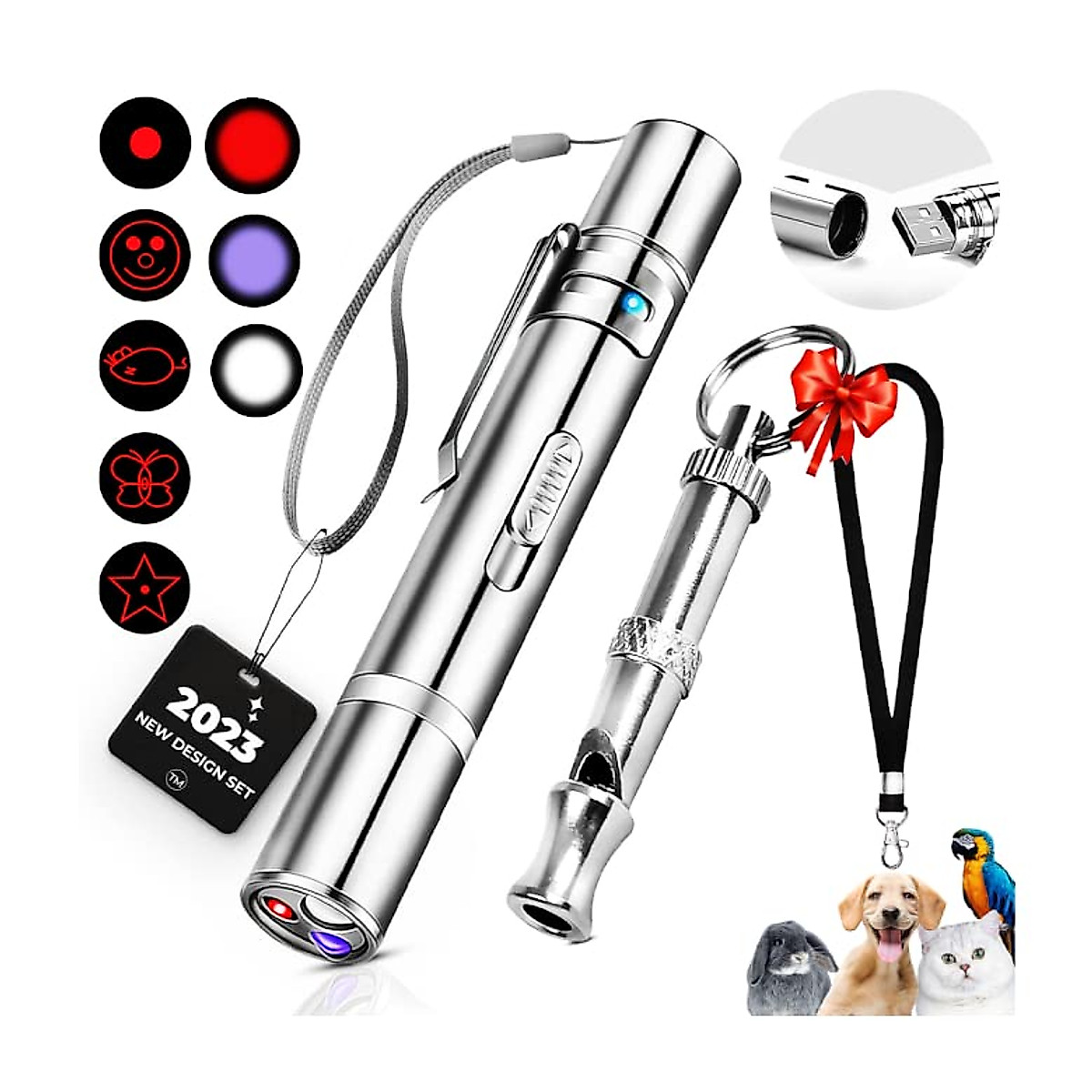 SimsirNess Cat and Dog Laser Pointer Toy Set - Interactive Exercise Toys 3-Pcs Set with Ultrasonic Whistle, Black Cord, and Premium Gift Box - USB Rechargeable Pet Training Toys