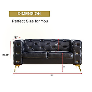 LEVNARY Black Leather Couch Loveseat, Modern Button Tufted Upholstered 2 Seater Couch, Comfy Chesterfield Sofa Couches for Living Room Bedroom Office (Black)