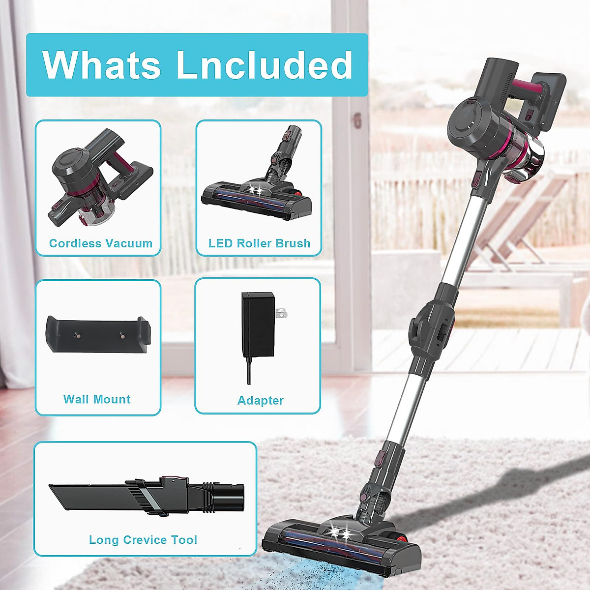 QTGPET Cordless Vacuum Cleaner, 25Kpa Strong Suction, 40 mins Runtime, 6-in-1 Vacuum Cleaner with Detachable 2200mAh Rechargeable Battery, Lightweight Stick Vacuum for Pet Hair