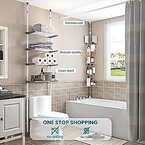 ALLZONE Rustproof Shower Caddy Corner for Bathroom,Bathtub Storage Organizer for Shampoo Accessories,4 Tier Adjustable Shelves with Tension Pole, 56 to 114 Inch, Silver