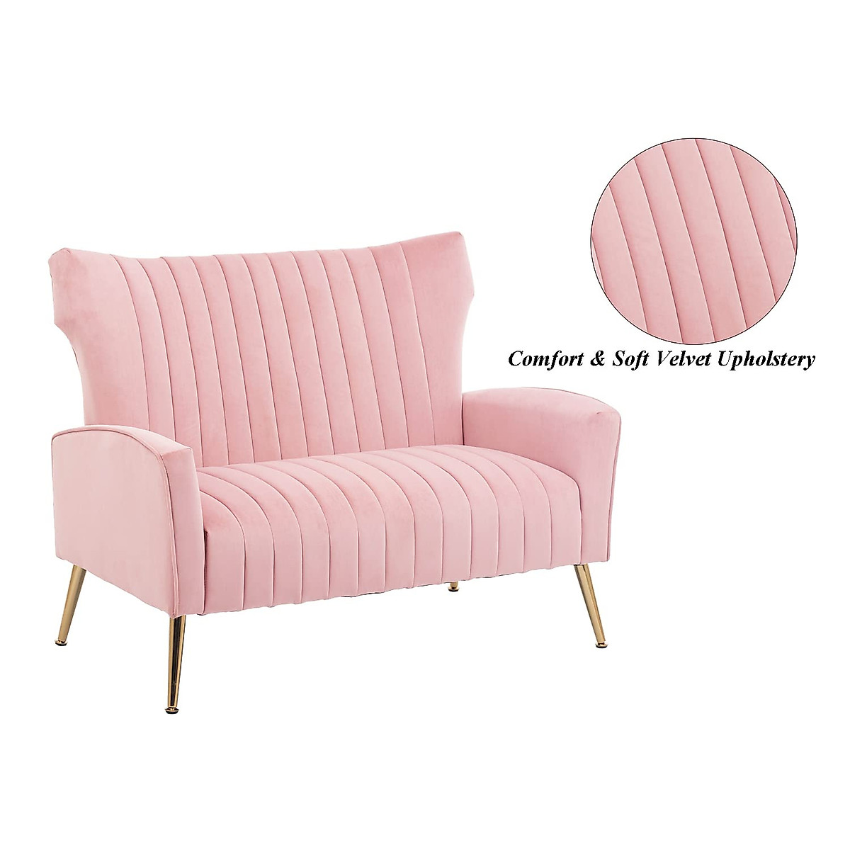 Altrobene Velvet Couch Modern Wingback Loveseat Tufted Luxury Sofa with Gold Legs for Living Room/Bedroom, Light Pink