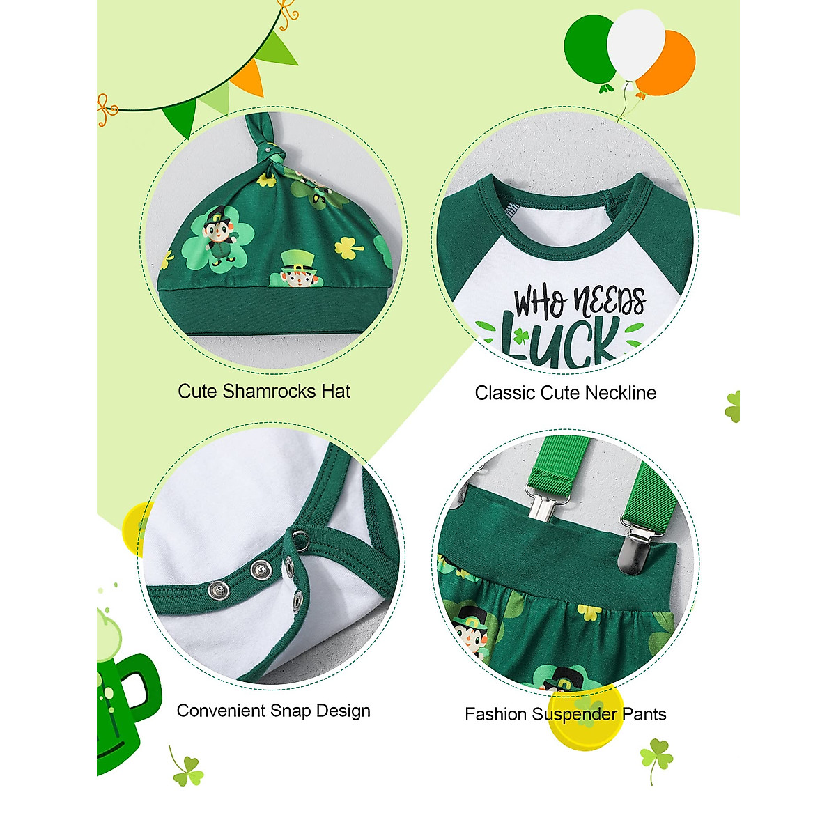 Queenstyle St Patricks Day Baby Boy Outfitt 3-6 Months My First St Patricks Day Baby Boy Outfit Romper Suspender Pants Print Hat 3Pcs Set