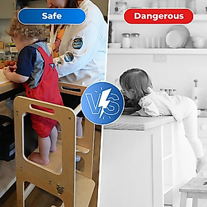 Montessori Mission 4-in-1 Foldable Learning Kitchen Tower, Stool with Chalkboard, Desk, Table & Chair, Montessori Kitchen Stool, Learning & Kitchen Tower for 1-6 Years Old