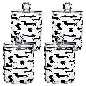 WELLDAY Apothecary Jars Bathroom Storage Organizer with Lid - 14 oz Qtip Holder Storage Canister, Dachshund Dogs Black Clear Plastic Jar for Cotton Swab, Cotton Ball, Floss Picks, Makeup Sponges,Hair