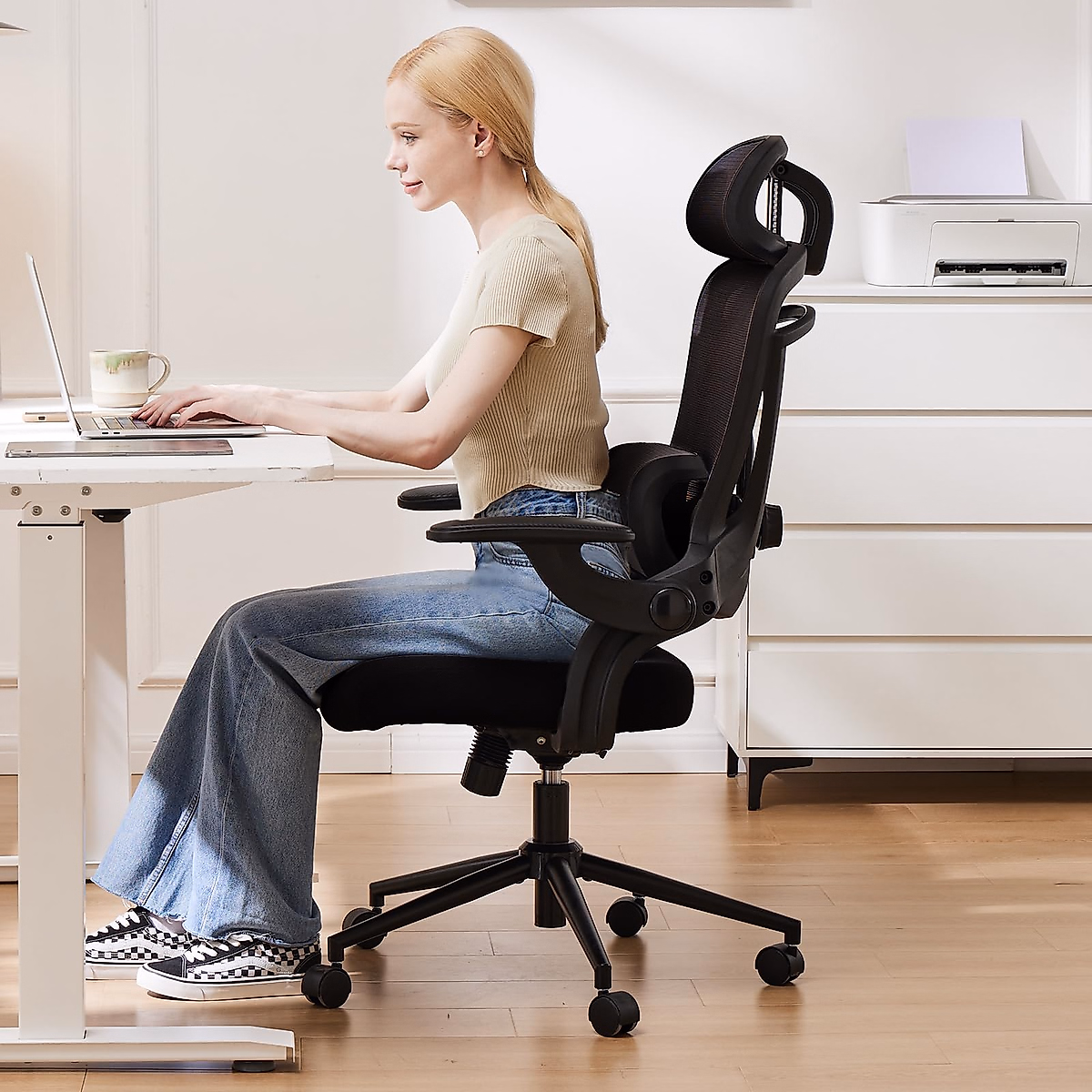 Ergonomic Mesh Office Chair, High Back Desk Chair with 2D Headrest, Up&Down Lumbar Support, Swivel Computer Task Chair with Adjustable Flip-up Armrests, Black