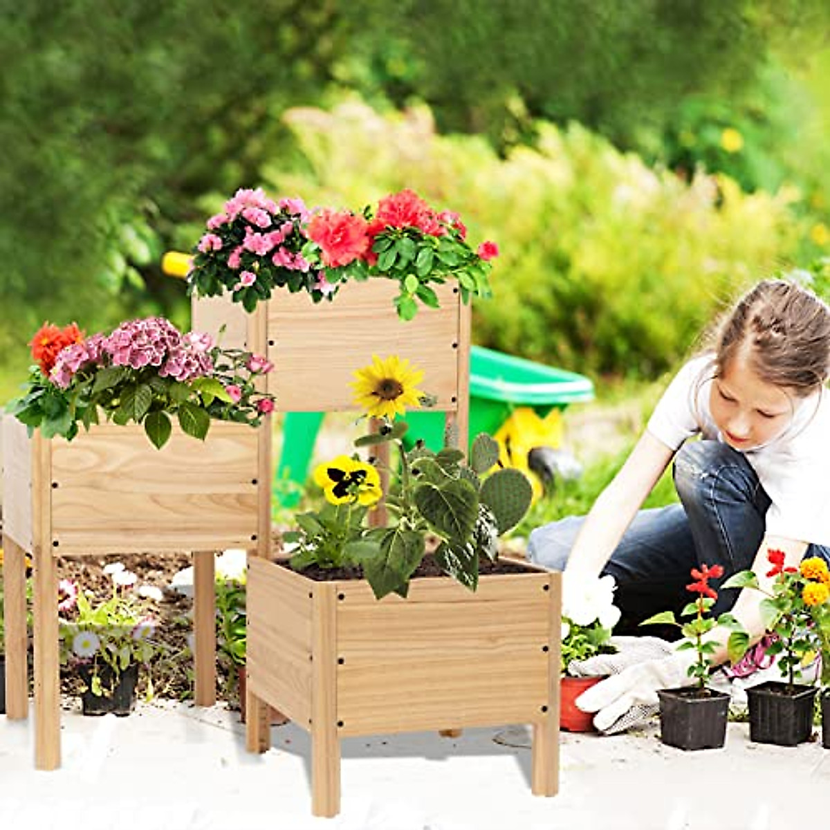3 Tier Wooden Raised Garden Bed with Legs - Raised Planter Boxes Elevated Planter, Adjustable Mounting Structure for Indoors Outdoors Vegetable Flower Herb Growing Large Space Wood Planting Box