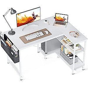 ODK Small L Shaped Computer Desk, 40 Inch Corner Desk with Reversible Storage Shelves & PC Stand for Home Office Workstation, Modern Simple Writing Study Table with Storage Bag for Small Space, White