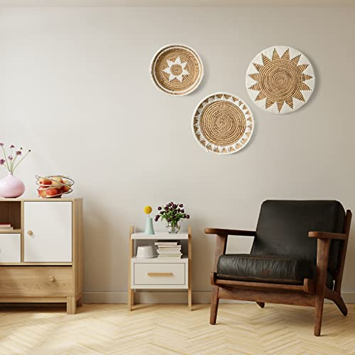 Kiwi Homie Set of 3 Round Woven Water Hyacinth Wall Decor Basket Trays, Round Wicker Baskets Handmade Set of 3 For Living Room, Unique Hanging Wall Art (Set 3 items 2 (Sunflower))