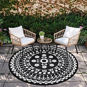 Capslpad Round Outdoor Rug for Patio 5' Reversible Mat Waterproof Plastic Straw Rug Boho Round Indoor Outdoor Area Rug for RV,Backyard,Balcony,Deck,Tent,Picnic,Beach,Camping,w/Carry Bag