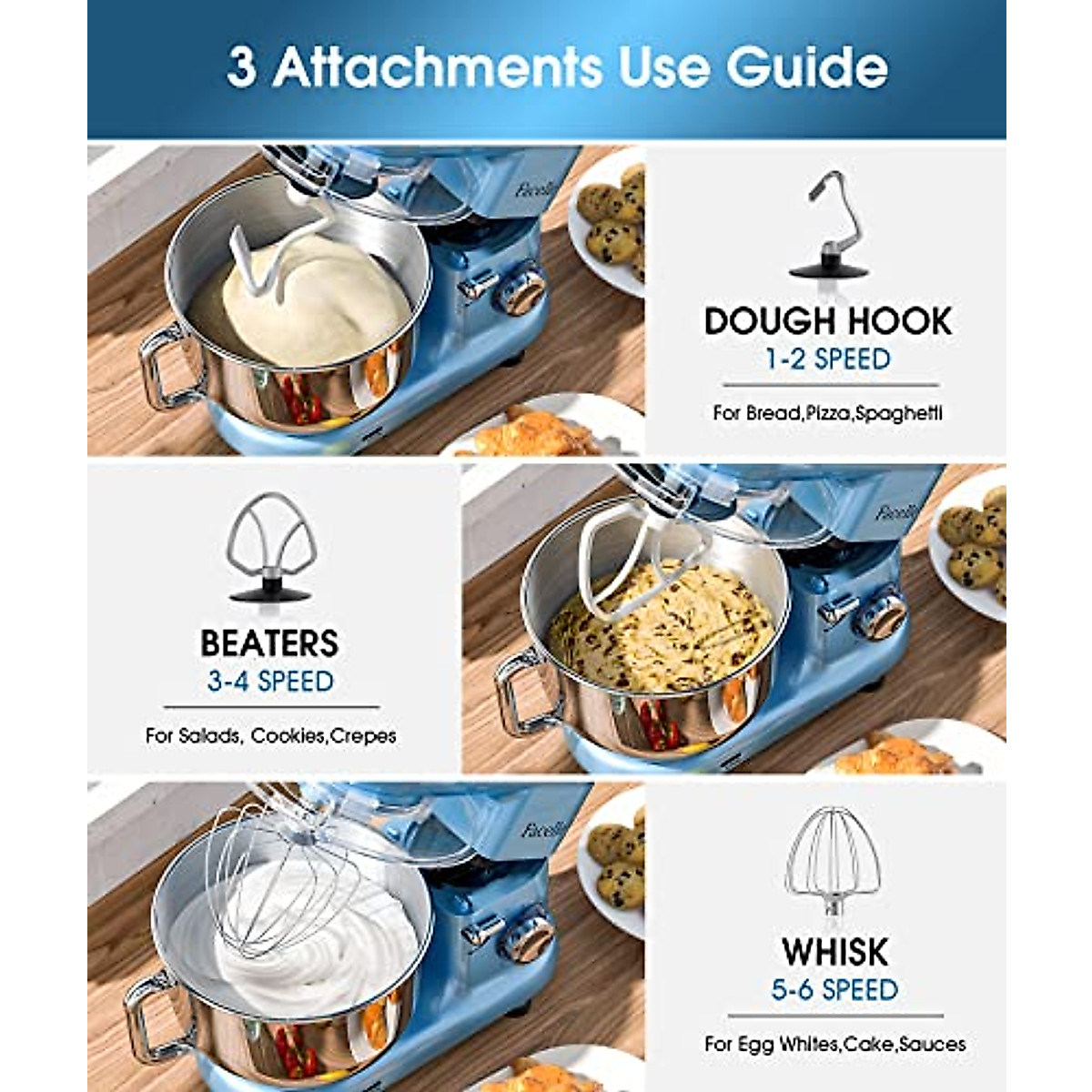 Facelle Electric Stand Mixer, 660W 6 Speed Kitchen Mixer with Pulse Button, Attachments include 6.5 Quart Bowl, Dishwasher Safe Flat Beater, Dough Hook, Wire Whisk & Splash Guard, for Dough, Baking,Cakes,Cookie, Blue