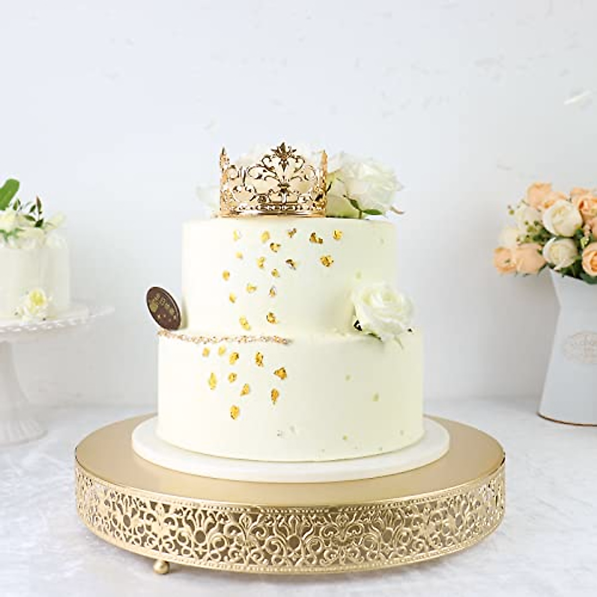 Efavormart 16" Round Lace Gold Metal Wedding Cake Stand, Dessert Display Stand Glossy Metallic Finish for Dessert Cupcake Pastry Candy Display Plate Event, Birthday Party