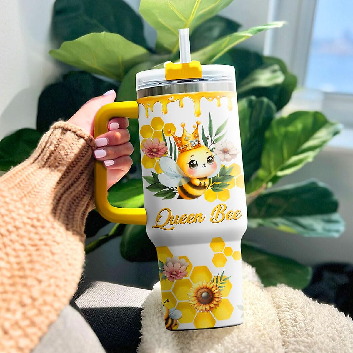 99WHALE Bee Gifts, Cute Queen Bee, Tumbler 40 Oz With Handle Lid And Straw, Yellow Keep Drinks Cold Hot, Yellow Handle Floral For Tumblers Cups Coffee Sunflower Flower Women