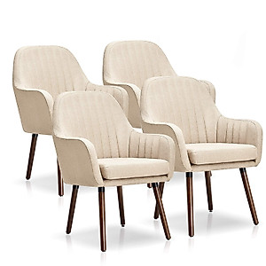 Giantex Set of 4 Fabric Dining Chairs, Accent Upholstered Arm Chair w/Wood Legs, Thick Sponge Seat, Non-slipping Pads, Modern Leisure Chair for Dining Room, Living Room, Bedroom (4, Beige)