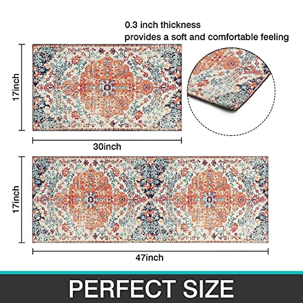 Boho Style Kitchen Rugs and mats Set of 2,Farmhouse Kitchen Mat for Sink,Non Slip Absorbent Stain Resistant Floor Mat for Kitchen Laundry Room Rug Area Runner Rug Orange