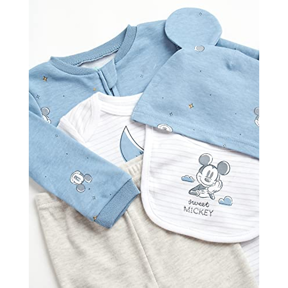 Disney Newborn Baby Boys Girls 7 Piece Layette Gift Set: Mickey Mouse, Winnie the Pooh & Minnie Mouse, 0-6M, Size 0-3M, Mickey Blue/Heather Grey