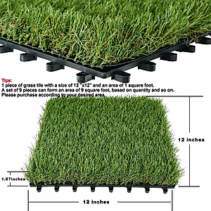 XLX TURF Artificial Grass Turf Tiles Interlocking Set 6 Pieces, Square Fake Grass Tiles Self-draining for Pet Indoor/Outdoor Flooring Decor, 12"x12", 8 Buckle Systerm