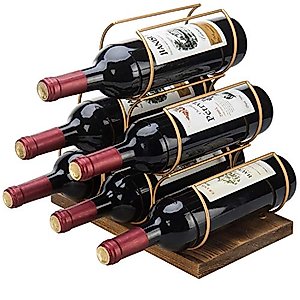 MyGift Contemporary Tabletop Wine Rack, Brass Metal Wire & Burnt Wood 6-Bottle Wine Holder