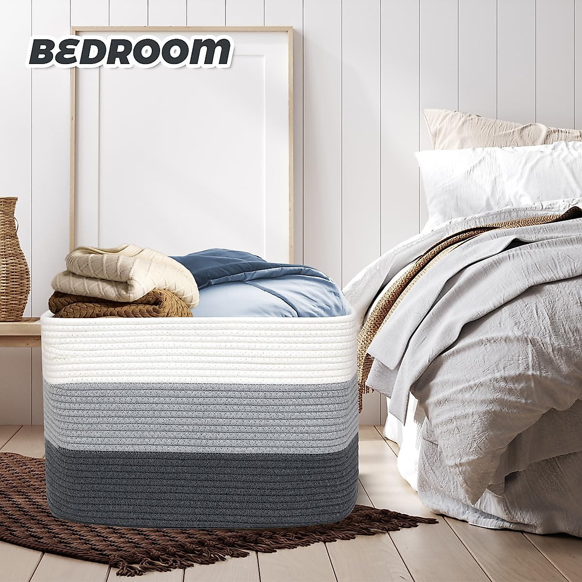 ArcaGuru Cotton Rope Basket, Rectangle Woven Baskets for Storage, Blanket Basket Living Room, Storage Basket with Handles for Book, Clothes for Organizing, 18.1”x14.2”x11.8”, Gradient Gray