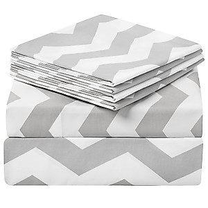 HOMEIDEAS 6 Piece Printed Full Size Bed Sheets, Extra Soft Brushed Microfiber 1800 Bedding Pattern Sheets, Deep Pocket, Wrinkle & Fade Free, Grey Chevron