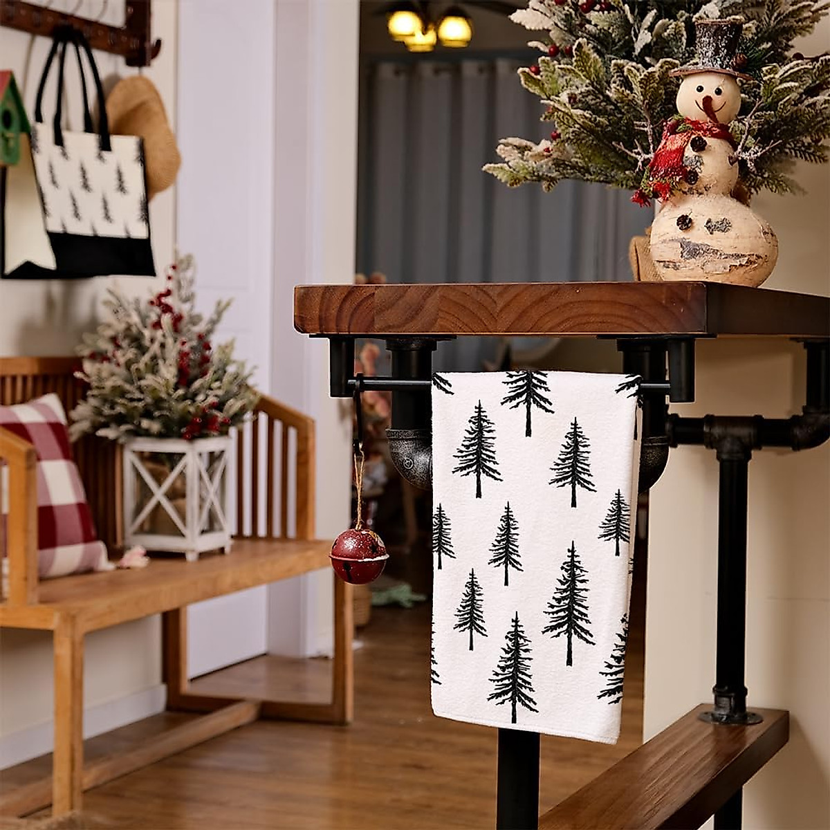 ARKENY Christmas Dish Towels for Christmas Decor Black Xmas Tree Kitchen Towels 18x26 Inch Grey Stripe Washcloths Seasonal Merry Christmas Hand Towel for Bathroom Set of 2 AD015