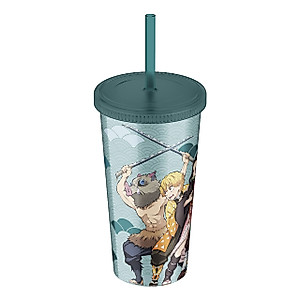 ABYSTYLE Demon Slayer 16 Oz. Plastic Acrylic Tumbler Carnival Cup With Reusable Straw & Leakproof Lid BPA-Free Featuring Inosuke, Zenitsu, Nezuko & Tanjiro Anime Manga Drinkware Gift
