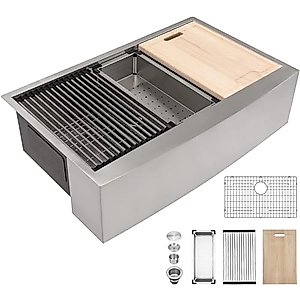 Kichae 30 Inch Farmhouse Sink Stainless Steel, Apron Front Farm Sink for Kitchen, Undermount Workstation Sink with Integrated Ledge, 30x22 Deep Single Bowl Kitchen Sink with Accessories