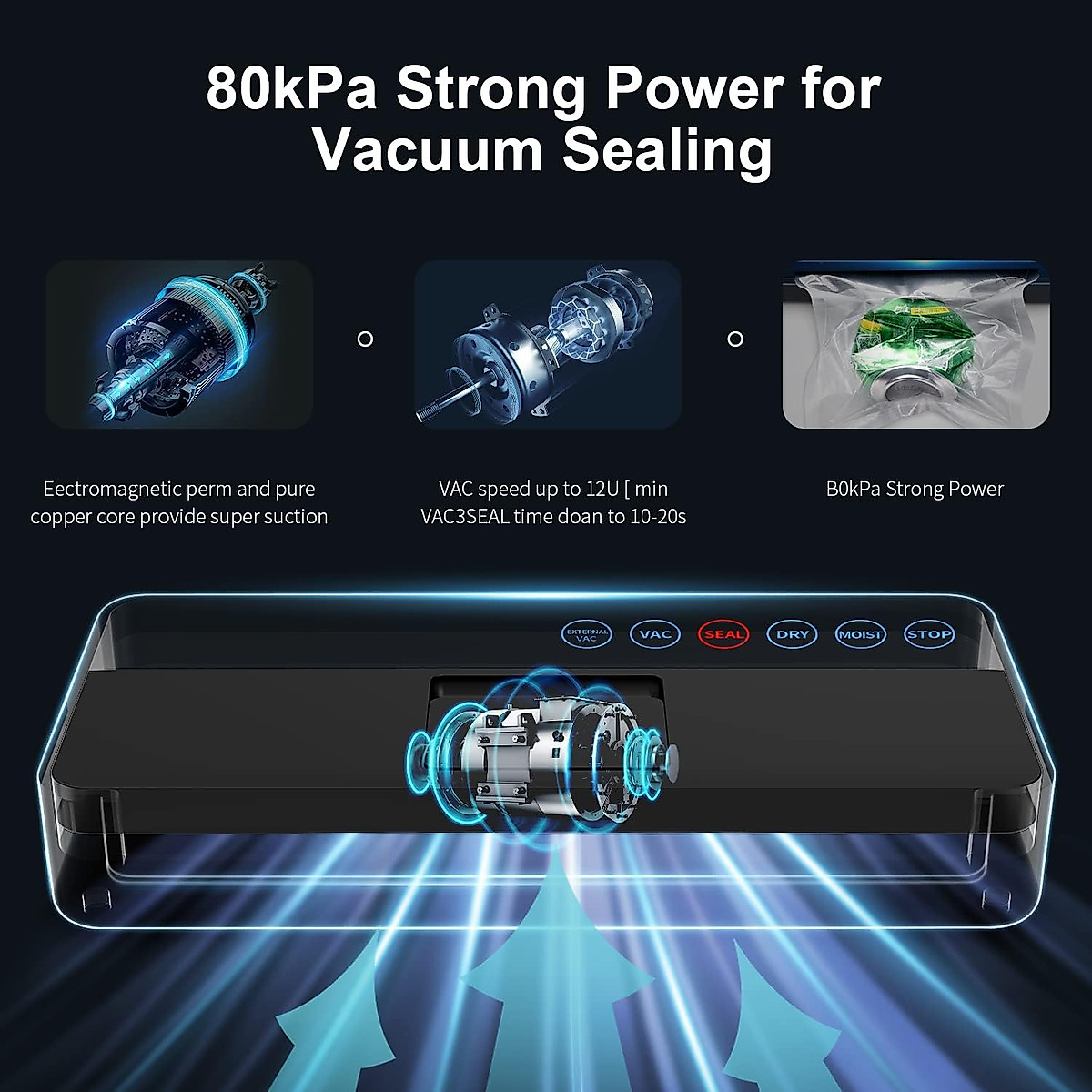 Vacuum Sealer Machine, Automatic Food for Preservation with sealers bags, Dry Moist Modes, Led Indicator Lights, Compact Design Full 95 Kpa (Black), (V8111)