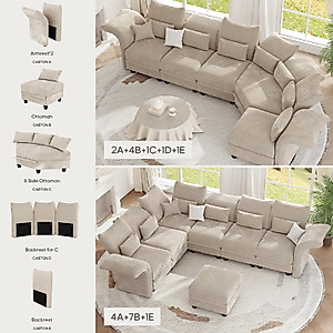 LLappuil 6 Seater Sectional Sofa U Shaped Modular Couches Deep Seated Modular Sofas for Living Room with Ottoman, Adjustable Armrest Backrest,Luxury Chenille, Khaki