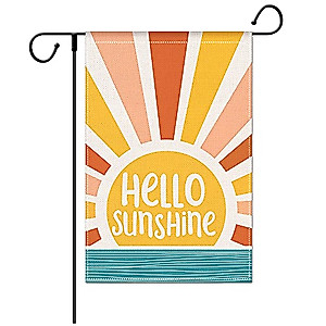 Jartinle Hello Sunshine Garden Flag, Rainbow Sun Summer Yard Flag Double Sided Vertical Burlap Outdoor Decor 12.5 x18 Inch