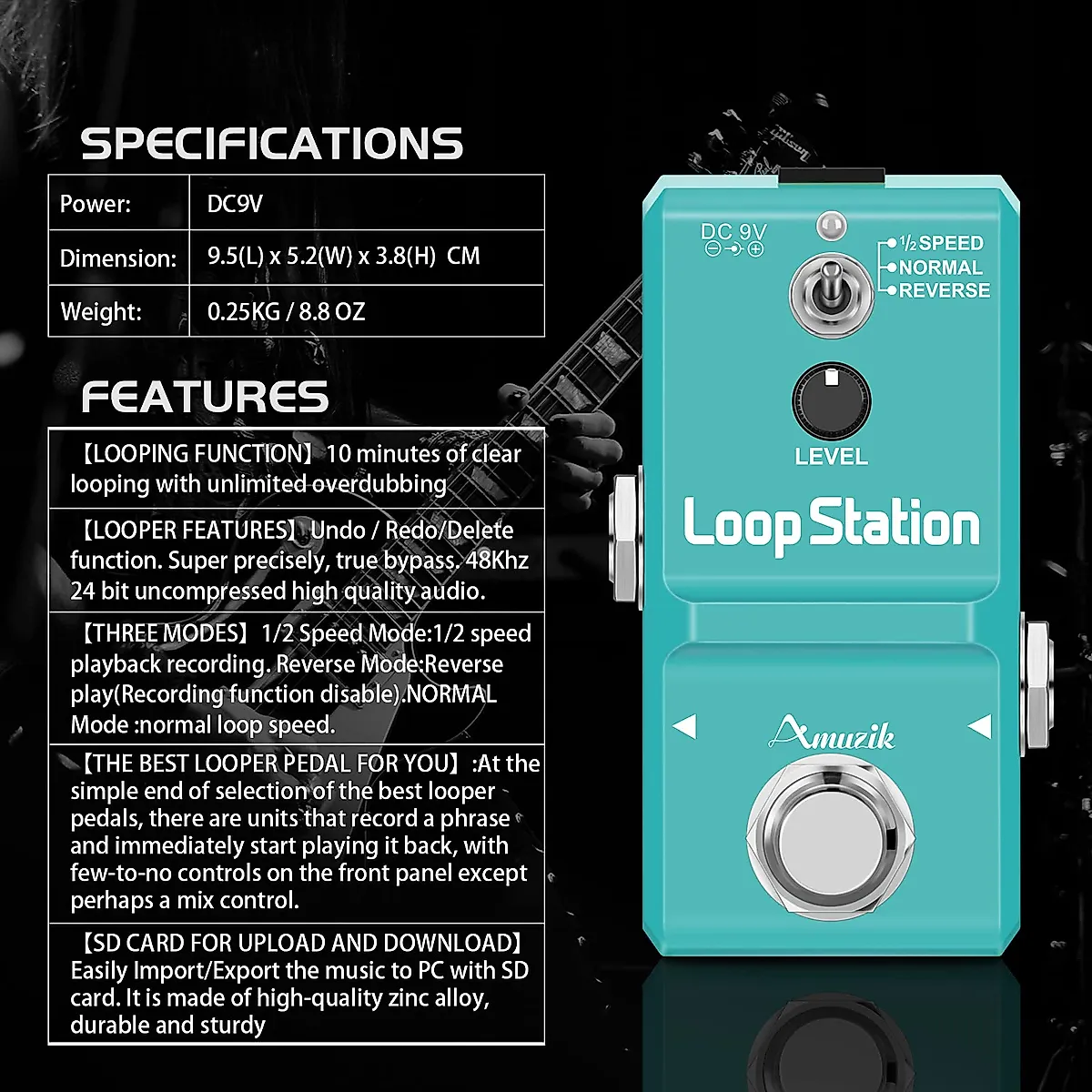 Amuzik Looper Guitar Pedal for Electric Guitar Loop Station Pedal Unlimited Overdubs 10 Minutes of Looping, 1/2 time, and Reverse, built-in SD Card for memory with 3 Modes Mini Size