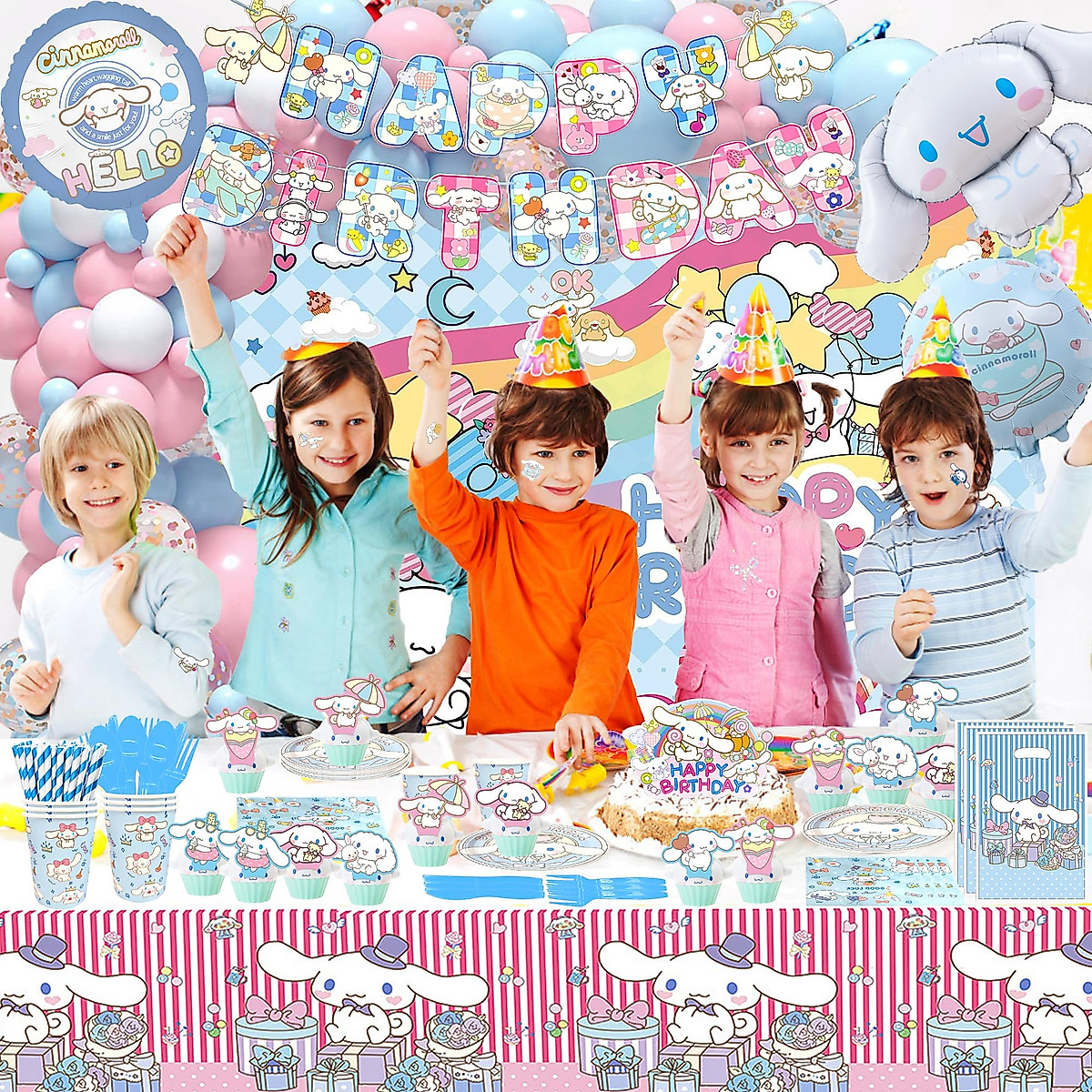 202PCS Cute Birthday Party Supplies, Kawaii Birthday Party Decorations include Banner, Latex Balloons, Backdrop, Cake Topper, Tableware, Plates, Napkins, Temporary Tattoos for Kids Birthday