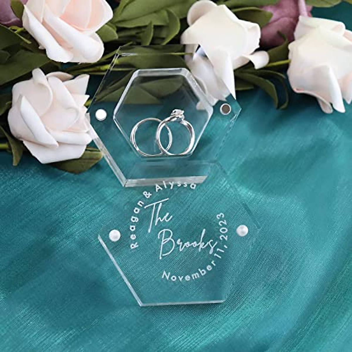 JFLL Personalized Clear Hexagon Wedding Ring Box，Engraved Romantic Wedding Jewelry Bearer Box, Engagement Proposal Ring Storage Gift, Modern Ring Dish，Custom Names & Date, Transparent