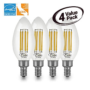Euri Lighting VB10-3050cec-4, 4-Pack Dimmable LED B10 Filament, 5.5W (50W Equiv) 500lm, 90+ CRI, Cool White (5000K) E12, 120V, Wet Rated, UL,CA Compliant 3YR 15K HR WTY