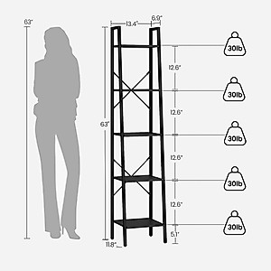 Hzuaneri Ladder Shelf, Bookshelf Bookcase, Freestanding Corner Storage Shelve with 2 Hooks for Home Office, Living Room, Kitchen, Bedroom, Industrial, 5-Tier Black BC03204B