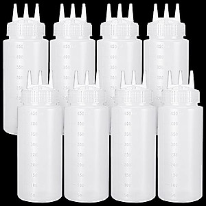 Dingion 8 Pcs 3 Hole Squeeze Bottles 16 oz Plastic Condiment Salad Dressing Container Sauces for Ketchup Mustard Seasoning Squeezer Bakery Kitchen Accessories 450 ml