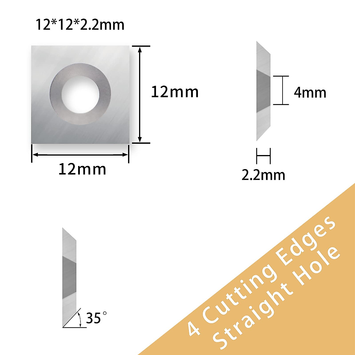 BINSTAK - K1222 -Square Corner 12mm Carbide Inserts 4 Edges (12mm lengthX12mm widthX2.2mm thick-35 Degree Cutting Angle), 10pcs, Countersink Hole, for BINSTAK 1/4" Shank 1-1/4" Cut Dia. CNC Router Bit